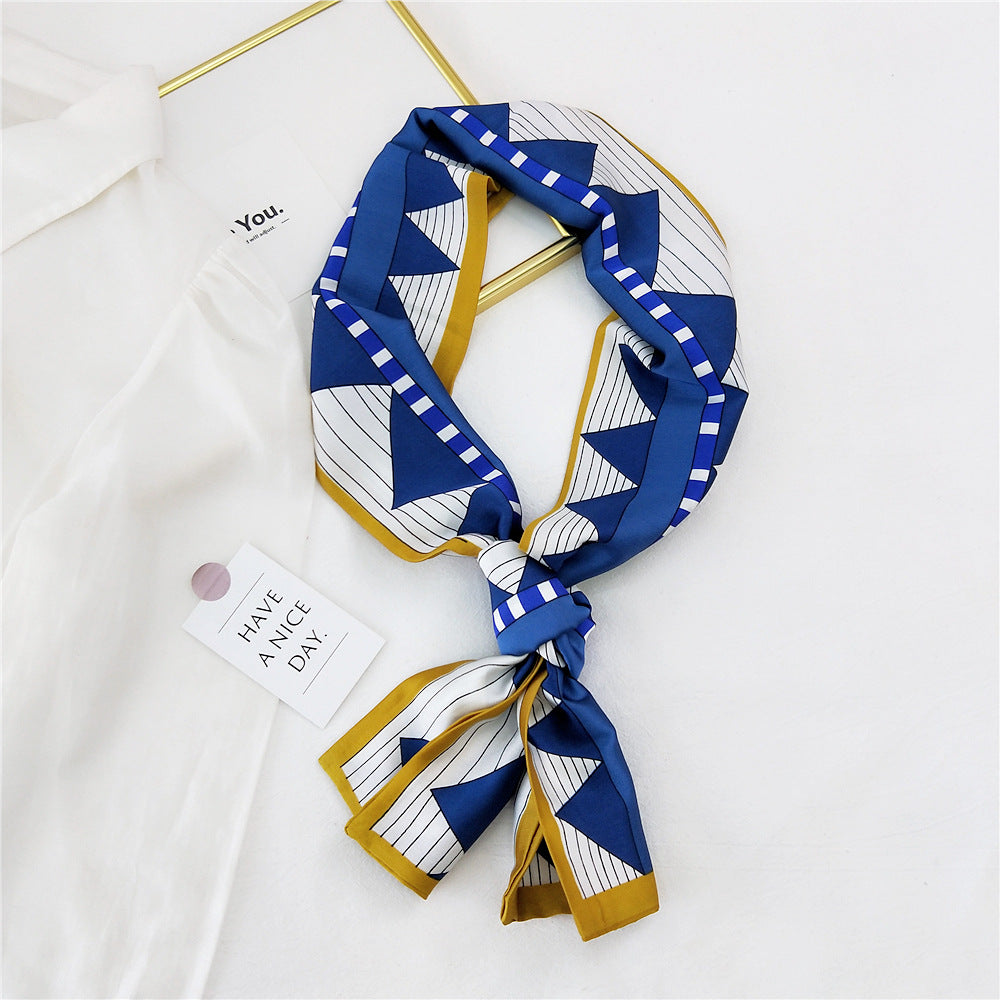 Mixed Print Satin Skinny Scarf - Cobalt Blue, Cerulean and Mustard Yel ...